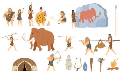 Set of stone age theme primitive people children Vector Image