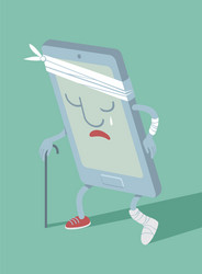 Broken sad phone in trendy groovy style Royalty Free Vector