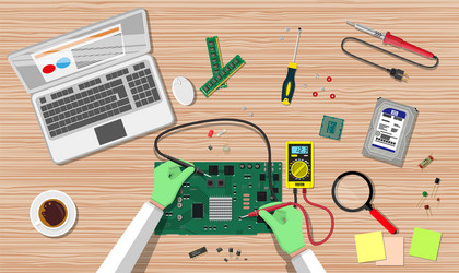 Engineer with multimeter checks motherboard Vector Image