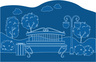 Bench in park near tree and lantern one line Vector Image