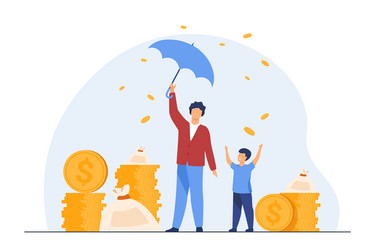 Happy man and boy standing under money rain Vector Image