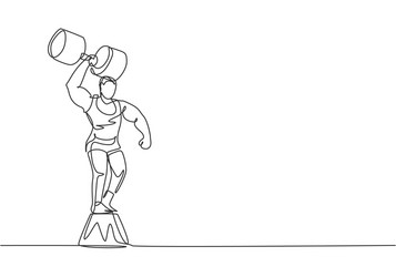 Continuous one line drawing the strongman raised Vector Image