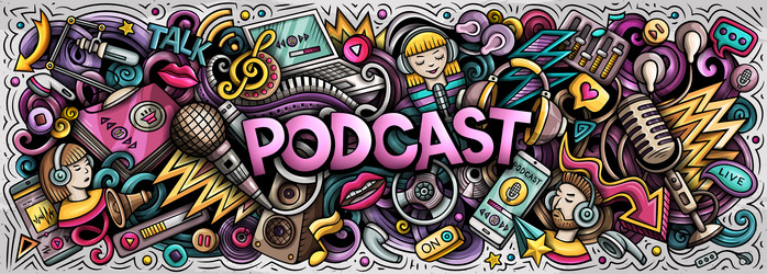 Podcast doodle cartoon funny banner Royalty Free Vector