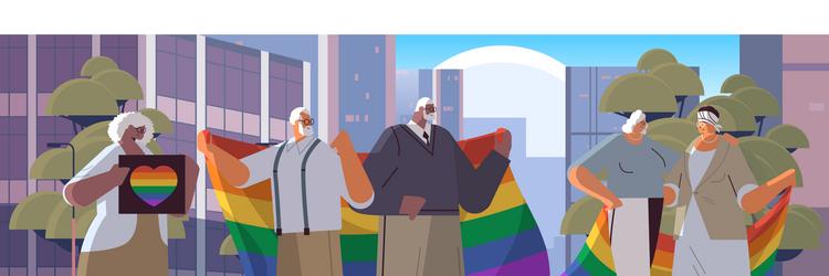 Mix race senior people holding lgbt rainbow flags Vector Image