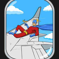 Superhero flying on airplane wing comic Royalty Free Vector
