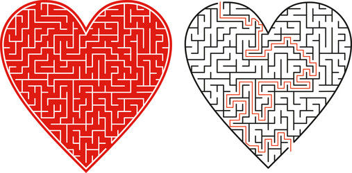 Red heart maze with solution Royalty Free Vector Image