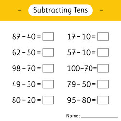 Subtracting Tens Math Worksheet Royalty Free Vector Image