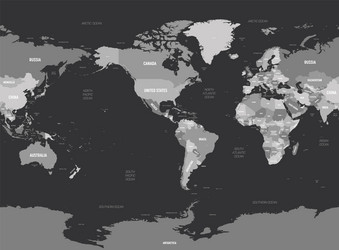 Greyscale world map on black background Royalty Free Vector