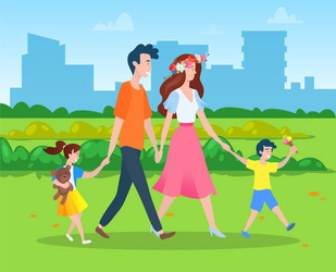 Mother and two happy kids with backpacks isolated Vector Image