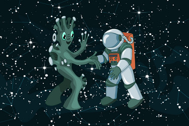 Cartoon alien meeting and handshake in space Vector Image
