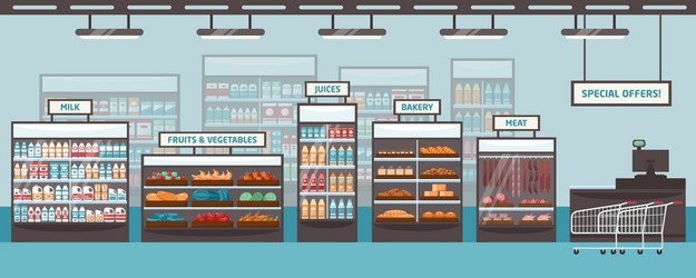 Fresh vegetables display on shelf in supermarket Vector Image