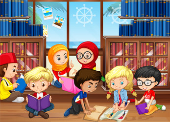 Kids checking out books in the library Royalty Free Vector