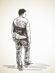 Sketch walking man from back hand drawn Royalty Free Vector