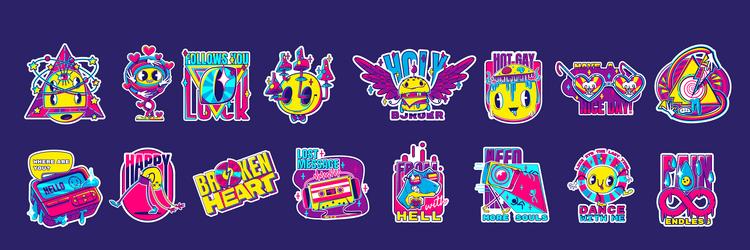 Retro rave stickers comic patches Royalty Free Vector Image