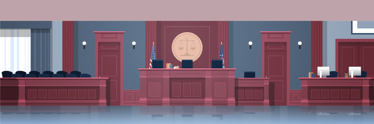 Empty courtroom with judge and secretary workplace