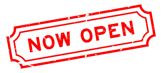 Grunge green now open word rubber seal stamp Vector Image