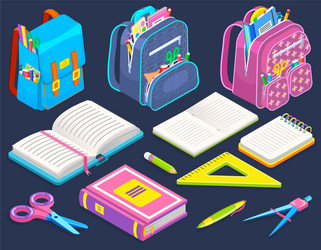 Schoolbags with stationery school stuff for study Vector Image