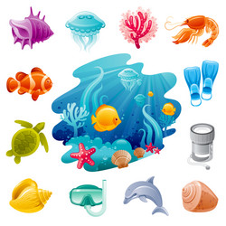 Sea life animals with ocean scene and circular Vector Image