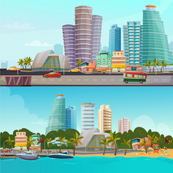 Miami waterfront cartoon banners set Royalty Free Vector