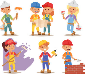 Cute little builder kids with construction tools Vector Image