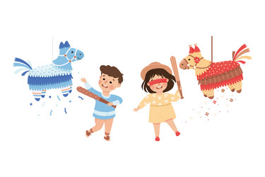 Funny boy and girl striking and hitting pinata Vector Image