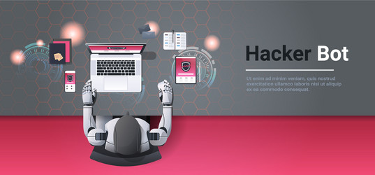 Robot hacker with laptop computer over circuit Vector Image