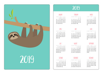Cute sloth animal simple pocket calendar layout Vector Image
