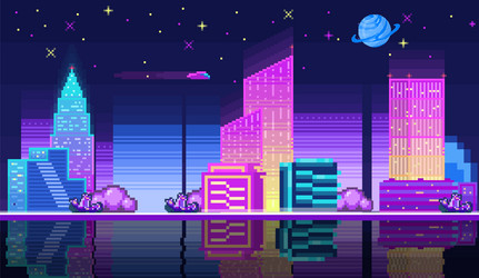 Night city landscape neon pixel background Vector Image