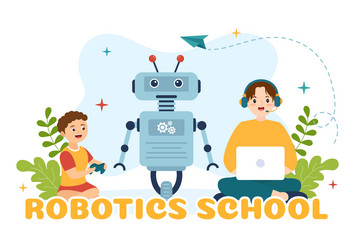 Robotics school with kids robotic project Vector Image