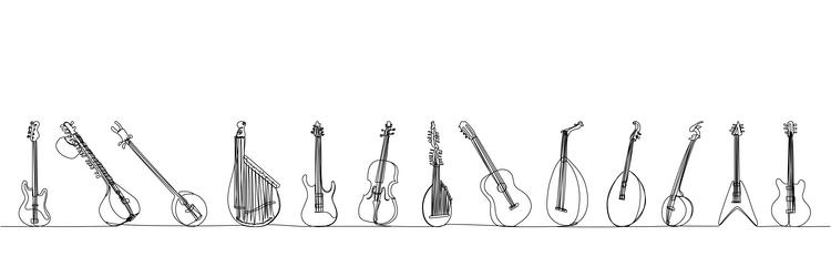 Musical instruments set one line art continuous Vector Image