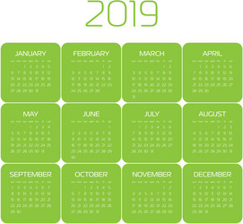 Calendar - year 2019 week starts from Royalty Free Vector