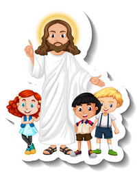 Jesus christ with children group sticker on white Vector Image