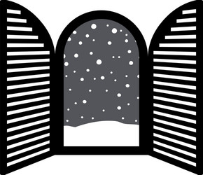 Monochrome open window frame with falling snow set