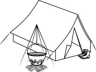 Tent camping with wood fire and boots Royalty Free Vector