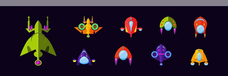 Bright alien spaceship game icons on dark Vector Image