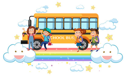 School bus children with rainbow Royalty Free Vector Image