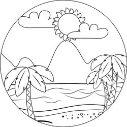 Beach cartoon round label in black and white Vector Image