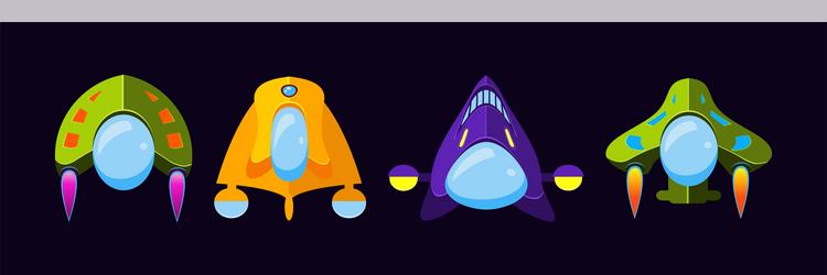 Bright alien spaceship game icons on dark Vector Image