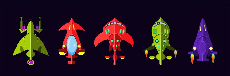 Bright alien spaceship game icons on dark Vector Image