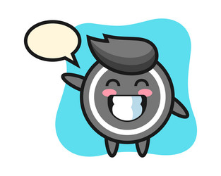 Happy cartoon hockey puck character with smiling r