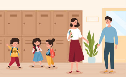 Girl in school hallway corridor cartoon interior Vector Image