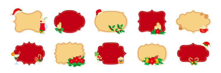 Christmas label tag red flat cartoon set holly Vector Image