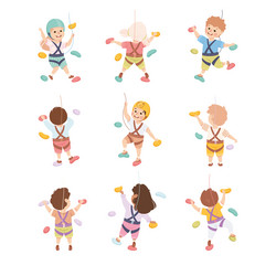 Happy kids climbing wall crawling up equipped Vector Image