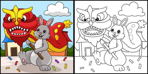 Rabbit dragon dancing cartoon colored clipart Vector Image