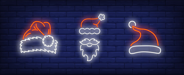Santa hats and beards neon signs set Royalty Free Vector