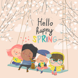 Cute cartoon kids enjoying on playground in spring