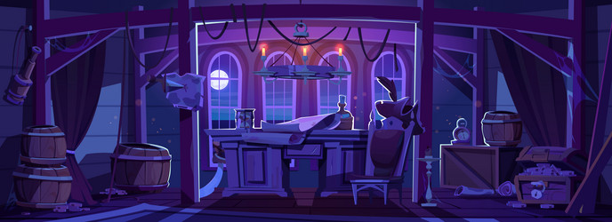 Pirate ship cabin interior at night Royalty Free Vector