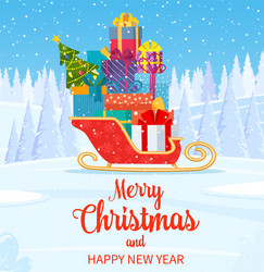 Santa claus sleigh with gifts and christmas tree Vector Image