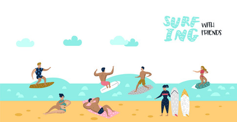 Surfer people riding surfboards set man and woman Vector Image