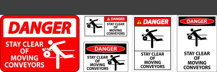 Danger sign moving conveyors stay clear Royalty Free Vector